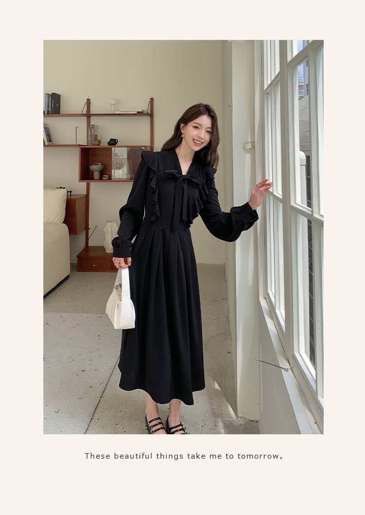 Large size women's fat mm2023 new slim autumn vintage temperament wood ear design lace-up dress ...