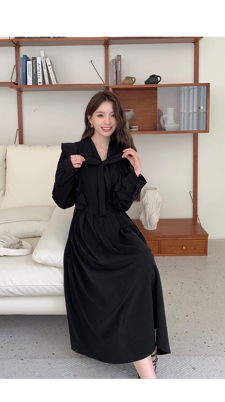 Large size women's fat mm2023 new slim autumn vintage temperament wood ear design lace-up dress ...