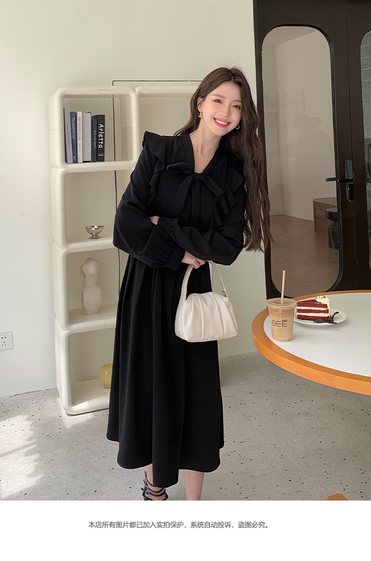 Large size women's fat mm2023 new slim autumn vintage temperament wood ear design lace-up dress ...