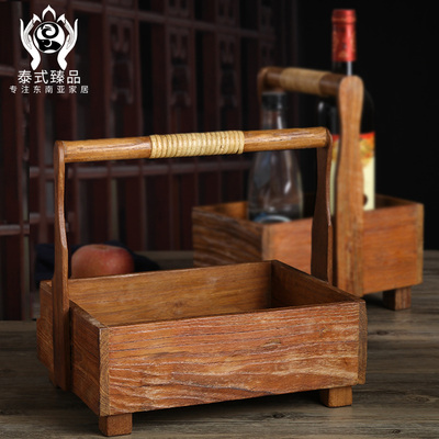 泰式手提篮东南i亚家居东南亚风情实木柚木复古手提果篮菜篮收纳