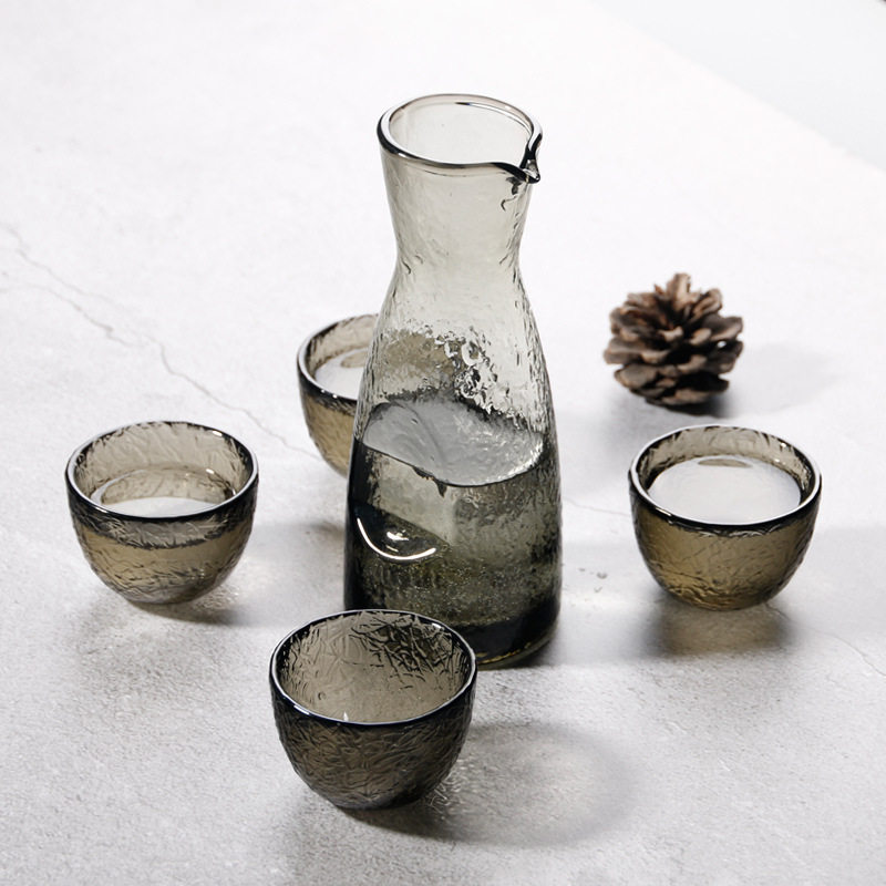 日式玻璃白酒清酒具套装灰色杯锤目纹酒盅分酒器小酒杯酒壶1壶4杯