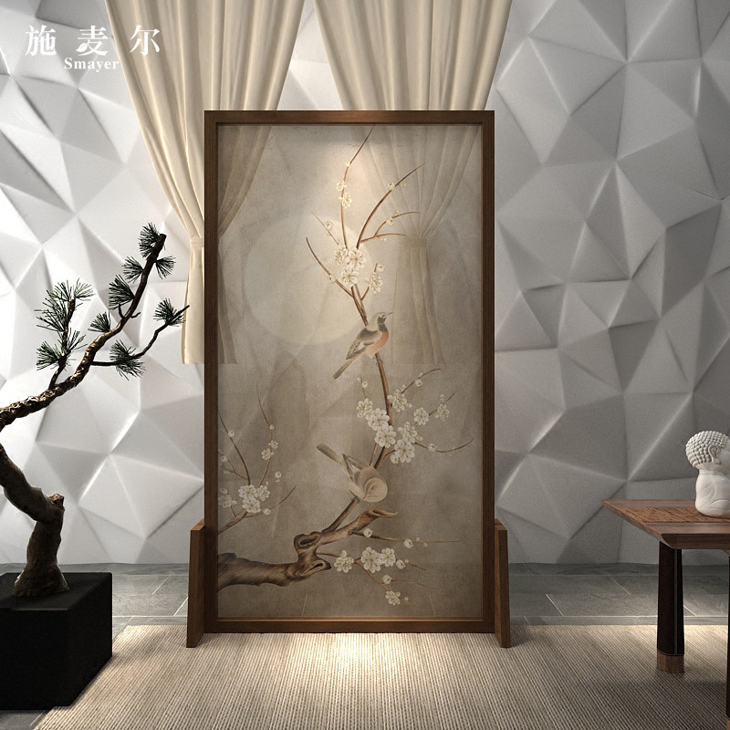 新中式实木屏风隔断装饰客厅办公卧室入户玄关半透明纱画花鸟座屏