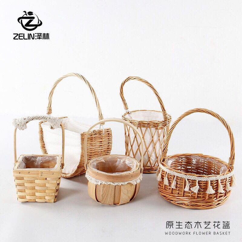 藤编手提花篮插花竹篮收纳篮编织花篮花盆鲜花玫瑰包装篮