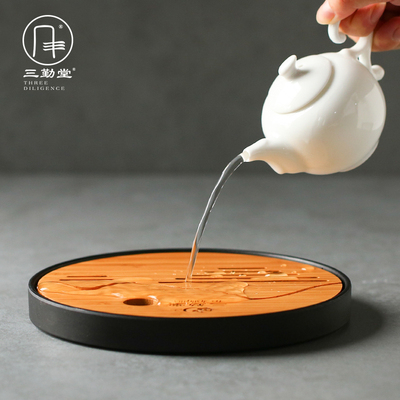 三勤堂小茶盘竹面小号排水功夫竹制干泡台储水陶瓷壶承托盘S91016