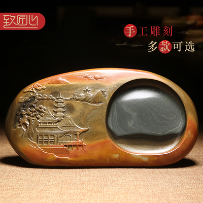 非遗歙砚名师作品/山水题材/金皮原石籽料原石歙砚并肩老坑端砚礼