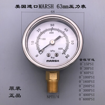 美标Marsh不锈钢压力表2.5寸 63mm 15 30 60 100 160 200  600PSI