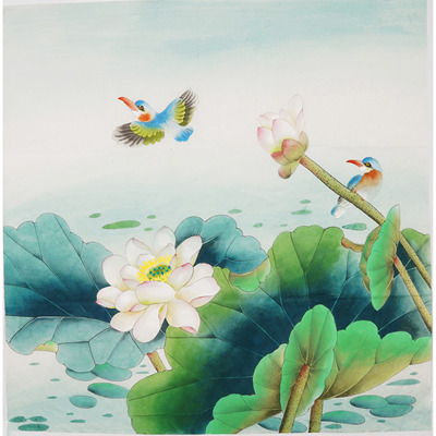 手工无款工笔画纯手绘花鸟牡丹荷花国画没题款装饰画没落款00006