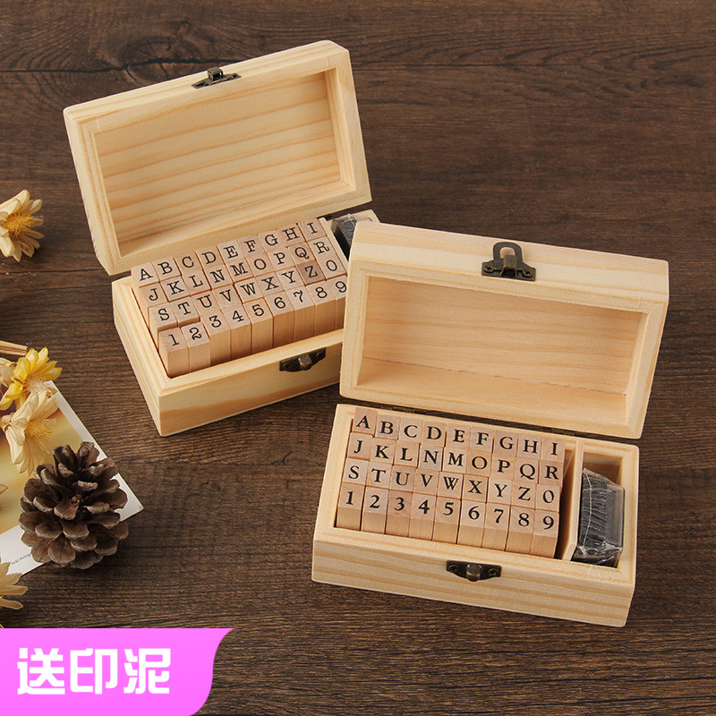 点点家 基础手帐英文木质印章套盒装多枚字母数字手账印章 带印泥
