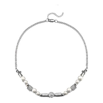 DEMONTEARS小众设计反光珍珠拼接骷髅十字架项链男女潮牌嘻哈配饰