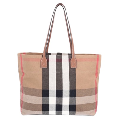 欧洲直邮自营Burberry博柏利棕色帆布配牛皮饰边手提包 新年礼物