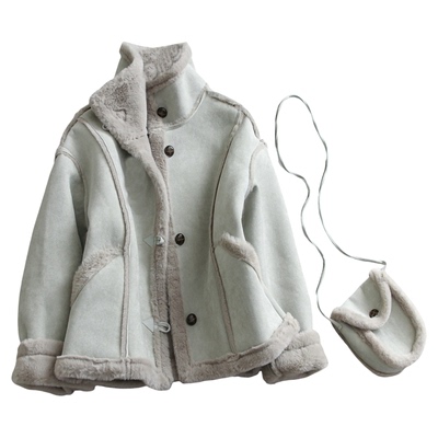 仿皮毛一体加绒加厚翻领宽松外套