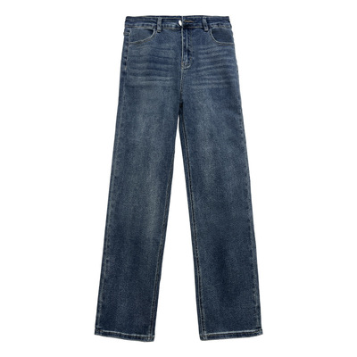 秋冬季大码胖mm梨型身材显瘦直筒复古弹力加绒老爹牛仔裤女 220斤