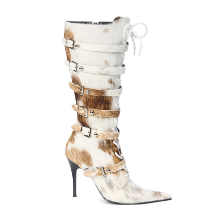 LSOUL 2025秋冬新款米白色马毛高跟长靴时尚百搭女鞋