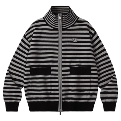 PSO Brand 男装女装小狗刺绣高领显瘦针织衫撞色条纹开衫毛衣外套