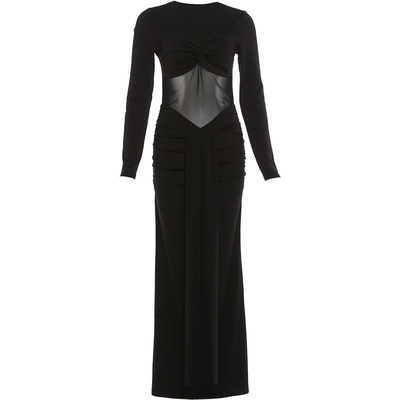 扭结飘带轻纱拼接透视长袖连衣裙