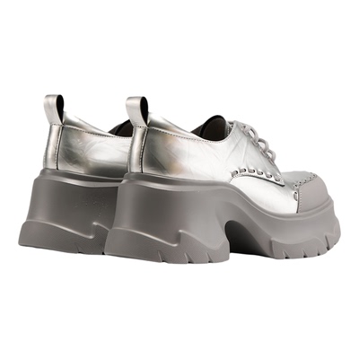 fed厚底小皮鞋春季新款女鞋银箔翩步粗跟单鞋银色增高鞋女款YA606