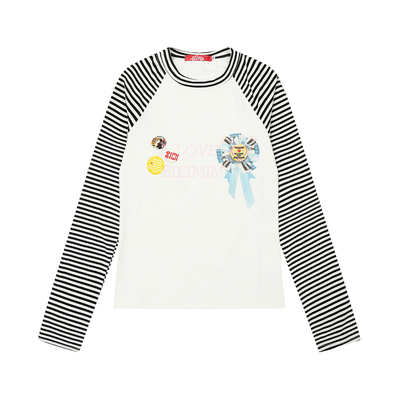 撞色条纹插肩长袖T恤女修身