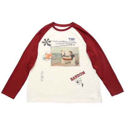 雪花棉原创印花撞色插肩长袖T恤