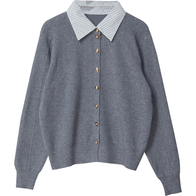 春秋新款假两件衬衫领针织开衫