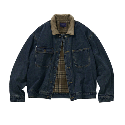 714street灯芯绒拼接牛仔夹克