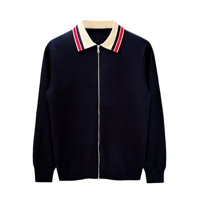 拉链开衫针织衫翻领拼色毛衣潮流