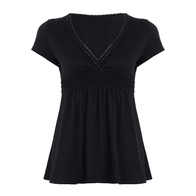 韩系chill风黑色蕾丝花边V领短袖