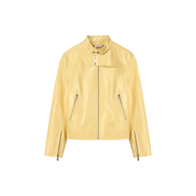 重工立领短款光泽感机车皮衣