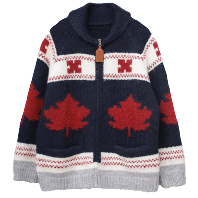 ohmyloli 北欧复古枫叶提花翻领拉链侧口袋插肩袖毛衣外套