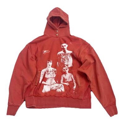 做旧复古连帽卫衣全家福白墨印花