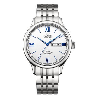 摩纹手表全自动机械表男士手表白面蓝针商务双历