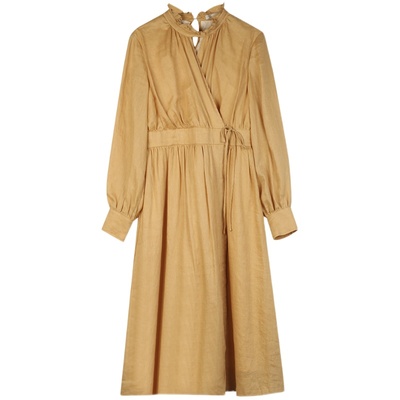 法式X型纯苎麻纯色收腰