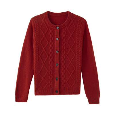 【新年臻选】春竹秋冬新款羊绒圆领合体绞花扣子长袖女士针织开衫