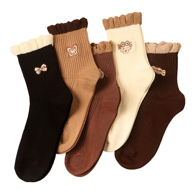 复古美式风小熊刺绣中筒袜女秋冬保暖针织花边袜子