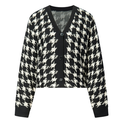 BCBG春秋初剪羊毛混纺格雷系千鸟格针织开衫外套