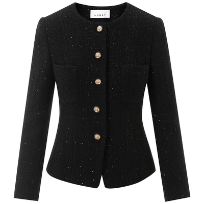 LANCY/朗姿2025秋季新款黑色绵羊毛小香风外套女亮丝精致短款上衣