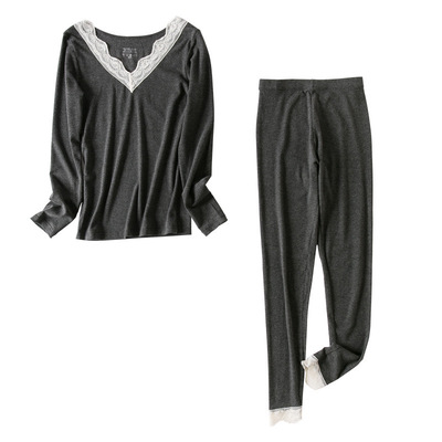 秋冬蕾丝边薄款保暖内衣修身套装