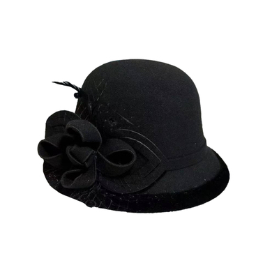 法式赫本风黑色毛呢礼帽优雅高级感网纱花朵盆帽保暖圆顶渔夫帽女
