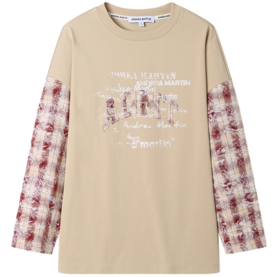 【刘耀文同款】ANDREA MARTIN 新款印花蕾丝格纹拼接长袖T恤女