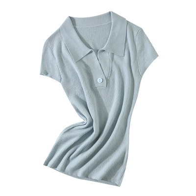 大于诗集 素颜公式 法式POLO领纽扣修身针织衫女显瘦上衣短袖T恤