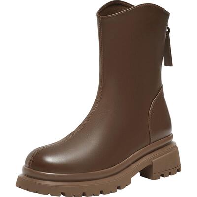 百思图2023冬季新款时尚简约街头时装靴粗跟圆头女短靴M5115DD3