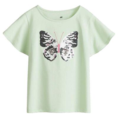 HM童装儿童女童T恤夏季圆领宽松洋气亮片图案短袖上衣1282315