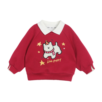 小O爸男婴童 宝宝加绒卫衣卡通红色冬季2025新款POLO婴儿新年衣服