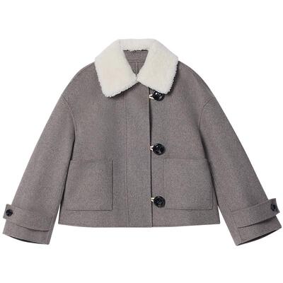 BLUE ERDOS 春季新品格雷系翻领茶驼色可拆卸毛领大衣外套女