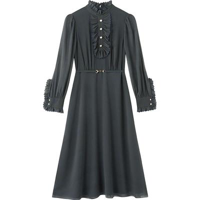 LK BENNETT深绿连衣裙女2025年秋季新款木耳边领长袖收腰裙