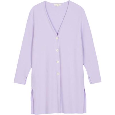 素然WHM女士绒感条纹百搭日常宽松V领开衫休闲长外套