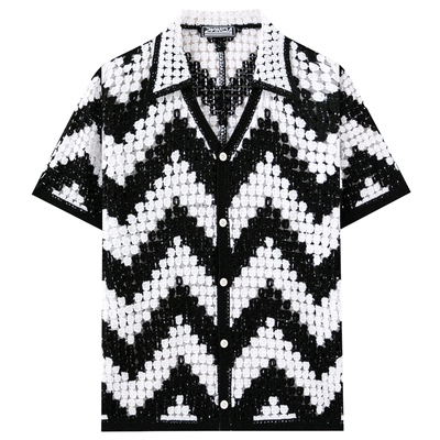 2026夏季外贸V领镂空针织短袖衬衣男波纹撞色开衫POLO衫Men shirt