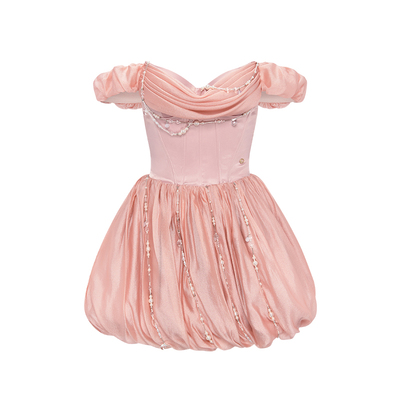 手工定制珠链抹胸收腰泡泡裙