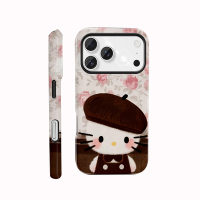适用于iPhone17pro手机壳菲林壳奶白底复古粉玫瑰贝雷帽 Hello Kitty 华为mate80promax苹果15/16/13磨砂软壳