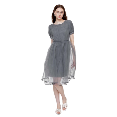 s.deer收腰网纱不规则短袖连衣裙