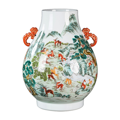 百鹿尊仿古手绘花瓶高档双耳福筒瓶景德镇陶瓷器中式客厅装饰摆件